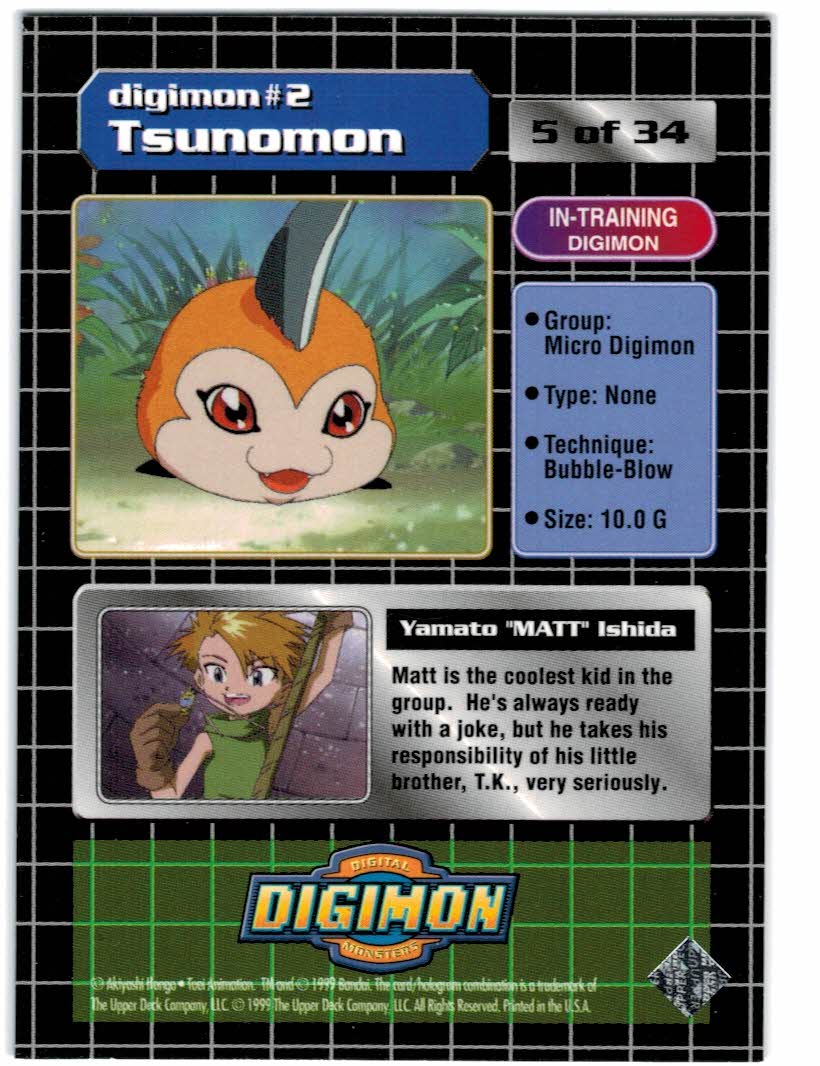 1999 Upper Deck Digimon Animation Edition Previews #5 Matt and Tsunomon ...