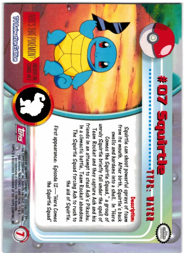 1999 Topps Pokemon TV Animation Series 1 Red Logo Backs #7 Squirtle ...