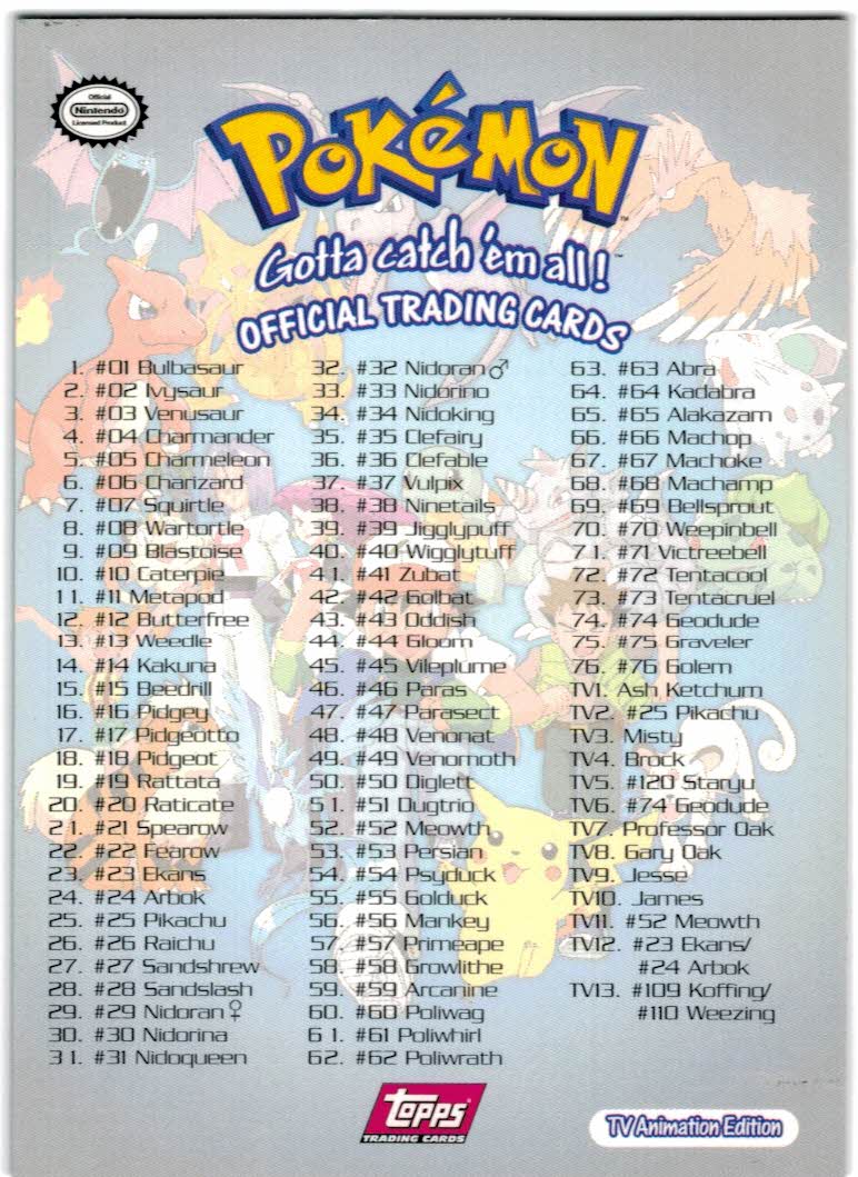 1999 Topps Pokemon TV Animation Series 1 Red Logo Backs #NNO Checklist - ( Red / Pink Topps Logo ...