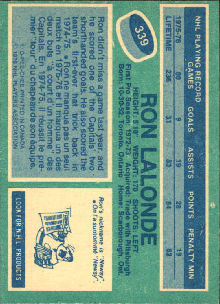 1976-77 O-Pee-Chee #339 Ron Lalonde - NM - Burbank Sportscards ...