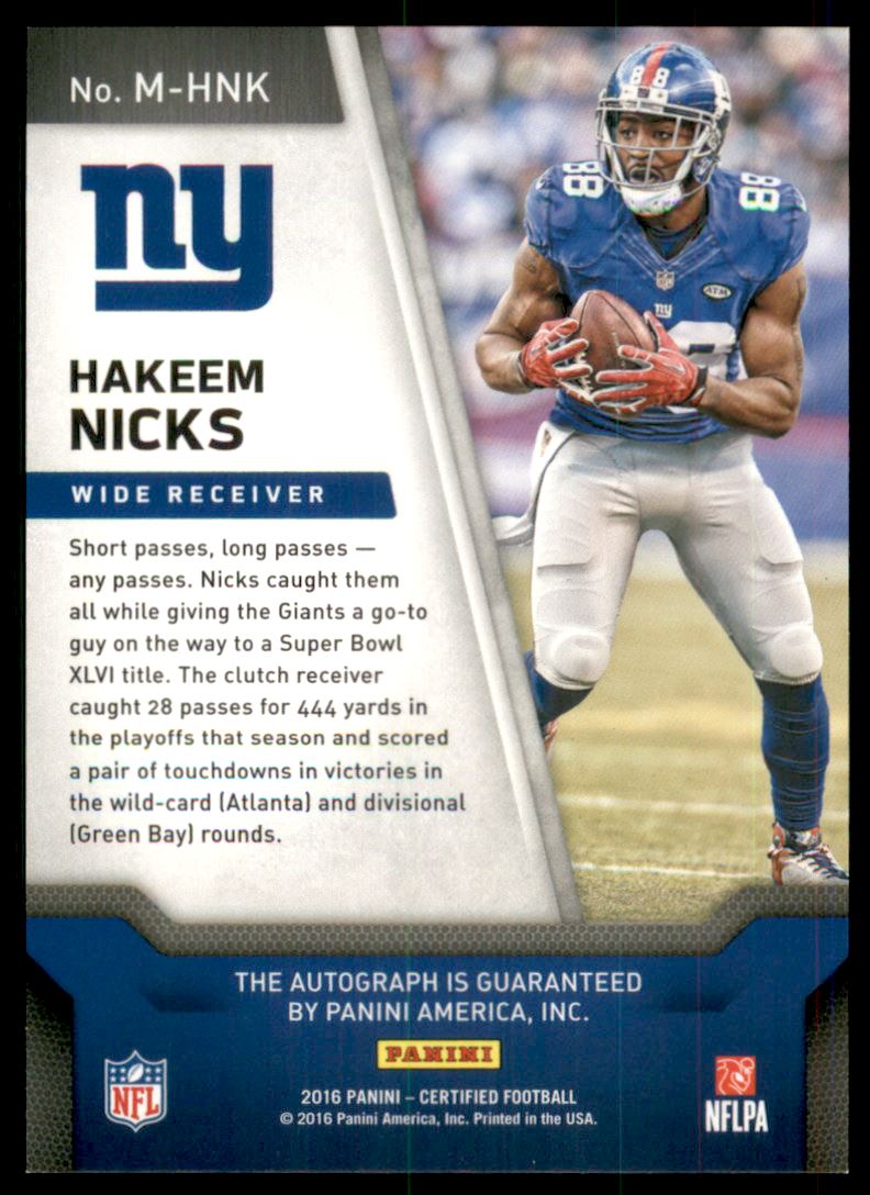 2016 Certified Signatures #35 Hakeem Nicks/25 - NM-MT