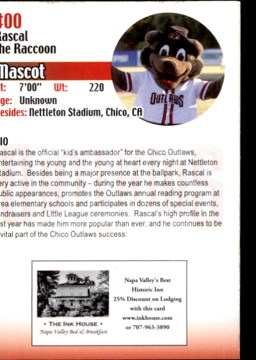 2007 Chico Outlaws Team Issue #30 Mascot Rascal the Raccoon - NM