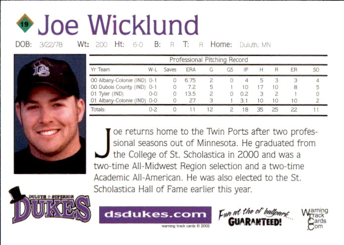 2002 Duluth-Superior Dukes Warning Track #19 Joe Wicklund - NM
