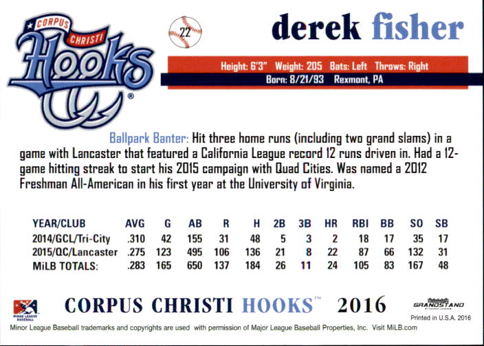 2016 Corpus Christi Hooks Grandstand #5 Derek Fisher - NM 2016 Corpus Christi Hooks Grandstand #5 Derek Fisher - NM