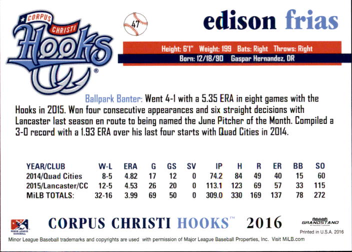 2016 Corpus Christi Hooks Grandstand #7 Edison Frias - NM 2016 Corpus Christi Hooks Grandstand #7 Edison Frias - NM