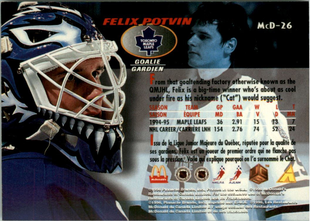 1995-96 McDonald's Pinnacle #MCD26 Felix Potvin - NM-MT