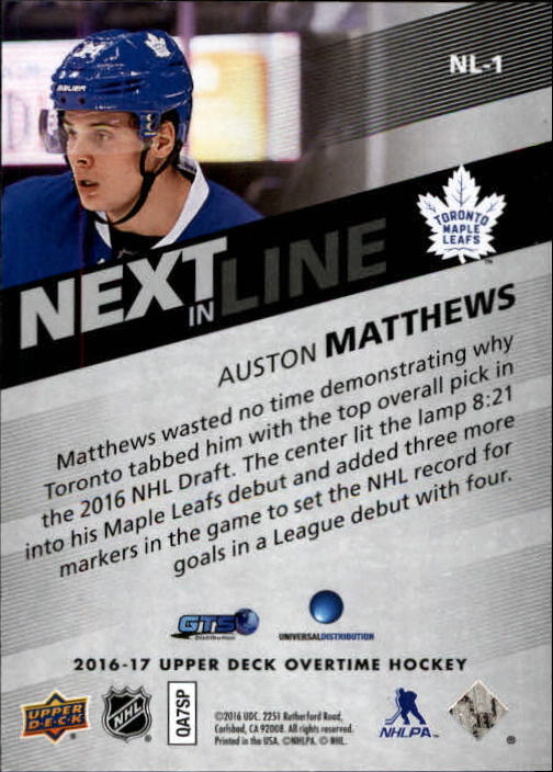 2016-17 Upper Deck Overtime Next in Line #NL1 Auston Matthews - NM-MT