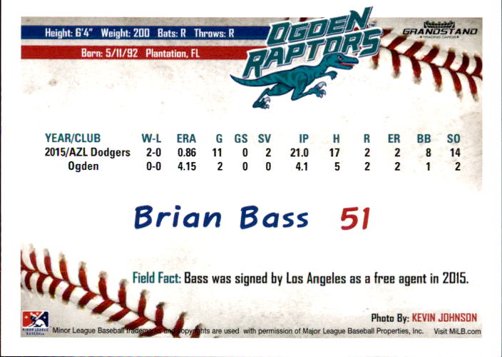 2016 Ogden Raptors Grandstand #1 Brian Bass - NM