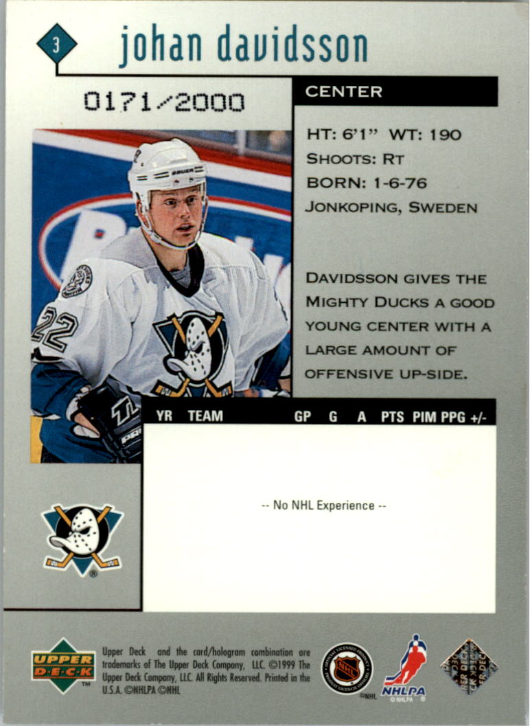 1998-99 Black Diamond Double Diamond #3 Johan Davidsson - /2000 - NM-MT