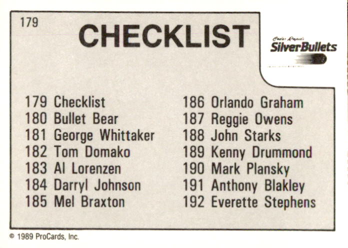 1989-90 Cedar Rapids Silver Bullets ProCards #179 Checklist - NM