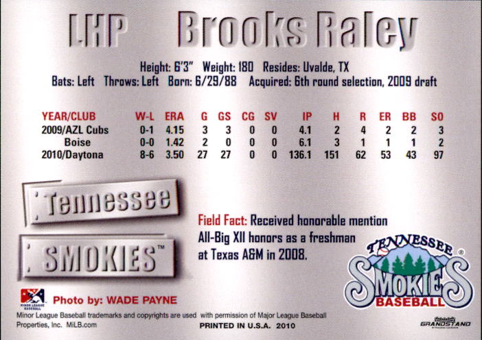 2011 Tennessee Smokies Grandstand #22 Brooks Raley - NM