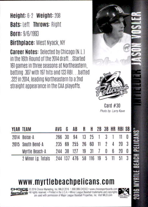 2016 Myrtle Beach Pelicans Choice #30 Jason Vosler - NM