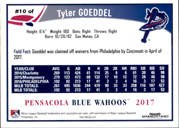 2017 Pensacola Blue Wahoos Grandstand #9 Tyler Goeddel - NM