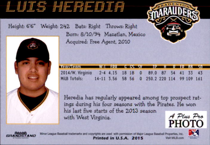 2015 Bradenton Marauders Grandstand #10 Luis Heredia - NM