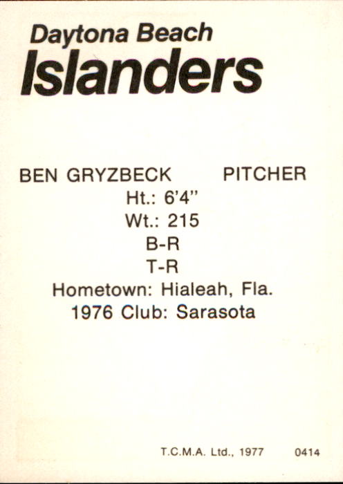 1977 Daytona Beach Islanders TCMA #414 Ben Grzybeck - NM