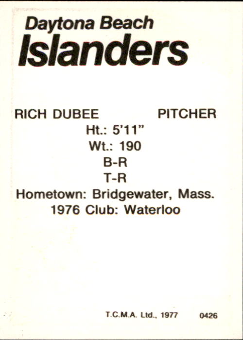 1977 Daytona Beach Islanders TCMA #426 Rich Dubee - NM