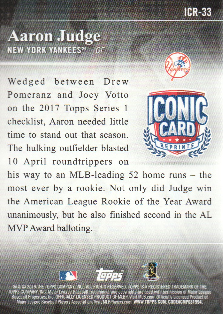2019 Topps Iconic Card Reprints #ICR33 Aaron Judge - NM-MT