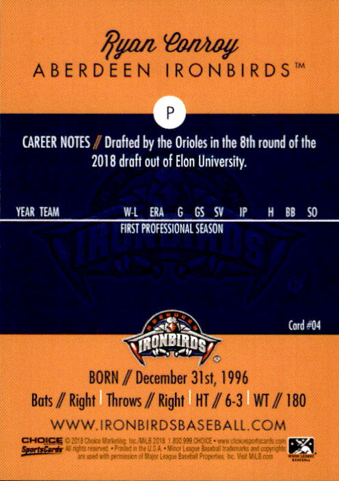 2018 Aberdeen IronBirds Choice #4 Ryan Conroy - NM