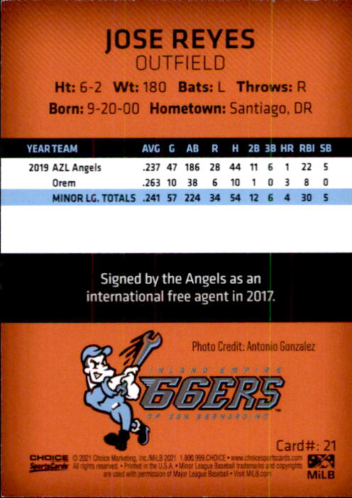 2021 Inland Empire 66ers Choice #21 Jose Reyes - NM