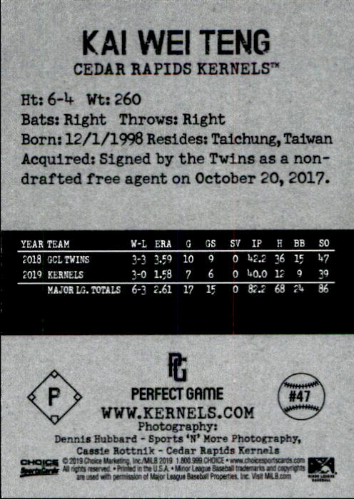 2019 Cedar Rapids Kernels Update Choice #47 Kai Wei Teng - NM