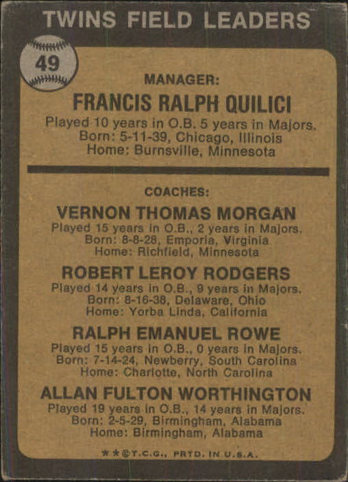 1973 Topps #49 Quilici Morgan Rodgers Rowe Worthington TWINS GOOD ...
