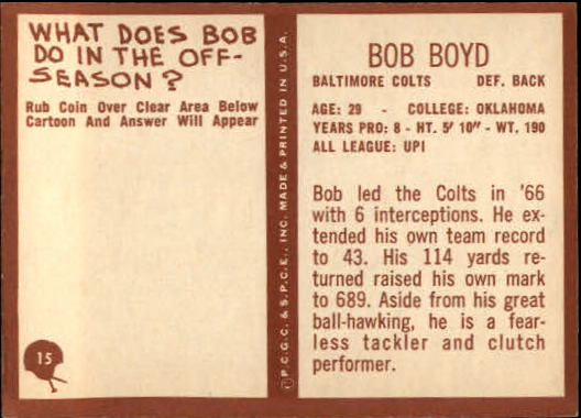 1967 Philadelphia #15 Bob Boyd DB - VG-EX