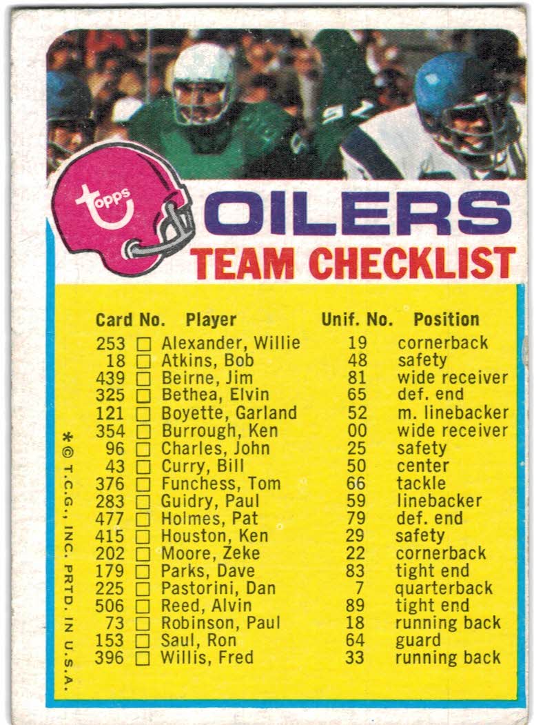 1973 Topps Team Checklists #11 Houston Oilers - VG - The Dugout ...