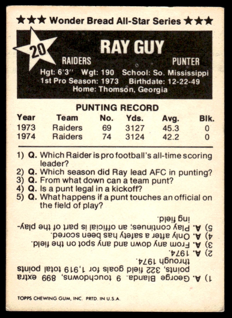1975 Wonder Bread #20 Ray Guy - GOOD
