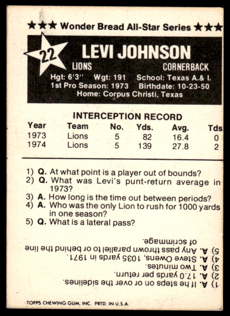 1975 Wonder Bread #22 Levi Johnson - GOOD