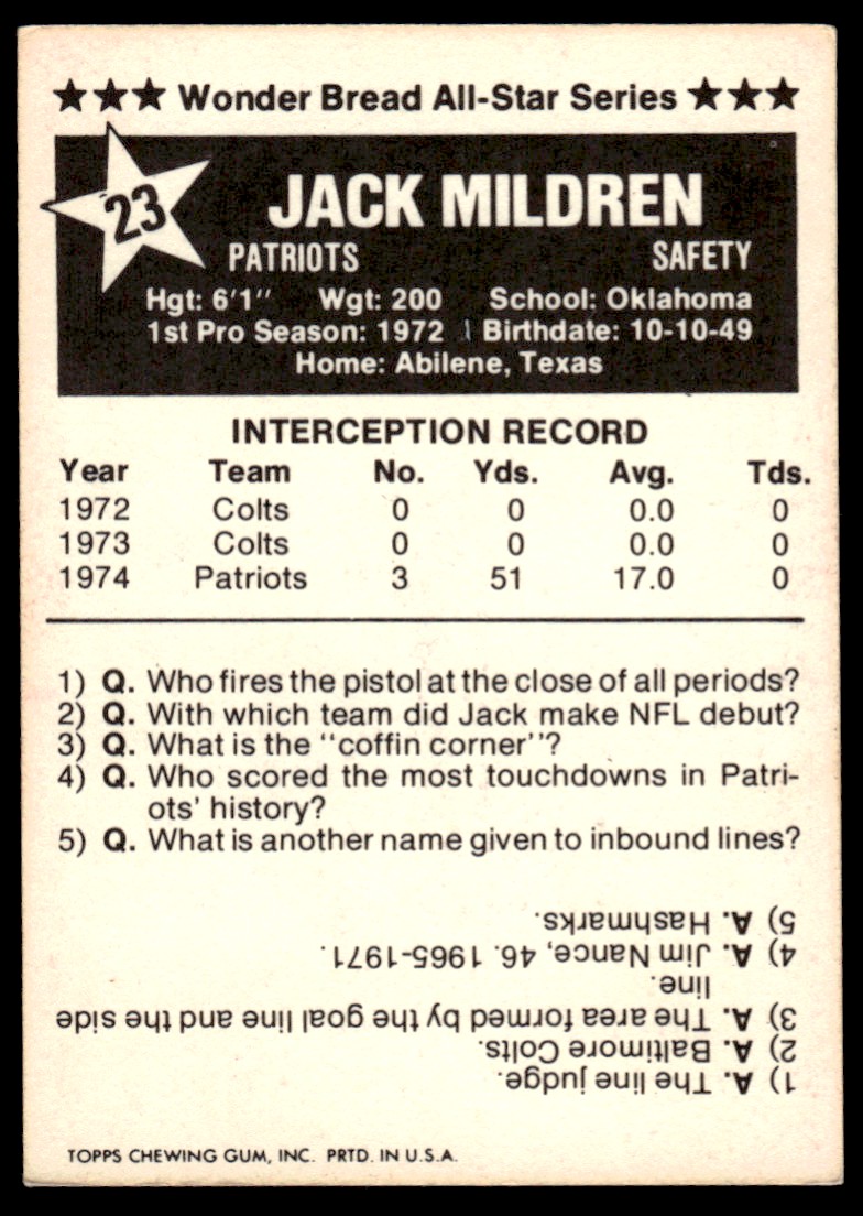 1975 Wonder Bread #23 Jack Mildren - GOOD