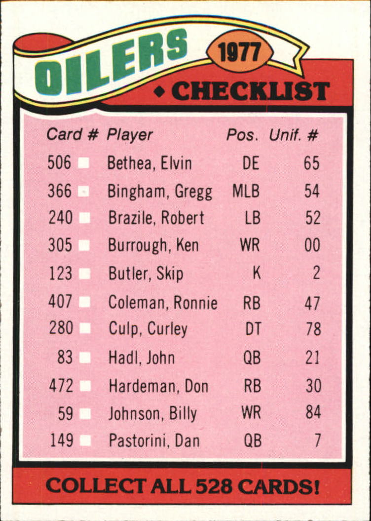1977 Topps #211 Houston Oilers/Team Checklist - NM