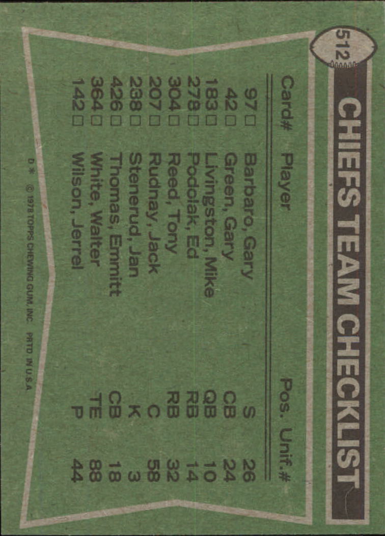 1978 Topps #512 Kansas City Chiefs TL/Ed Podolak/Walter White/Gary ...