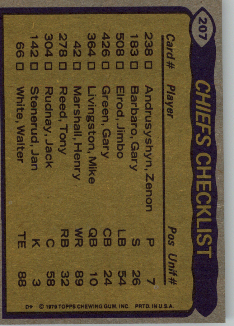 1979 Topps #207 Kansas City Chiefs TL/Tony Reed/Tony Reed/Tim Gray/Art ...