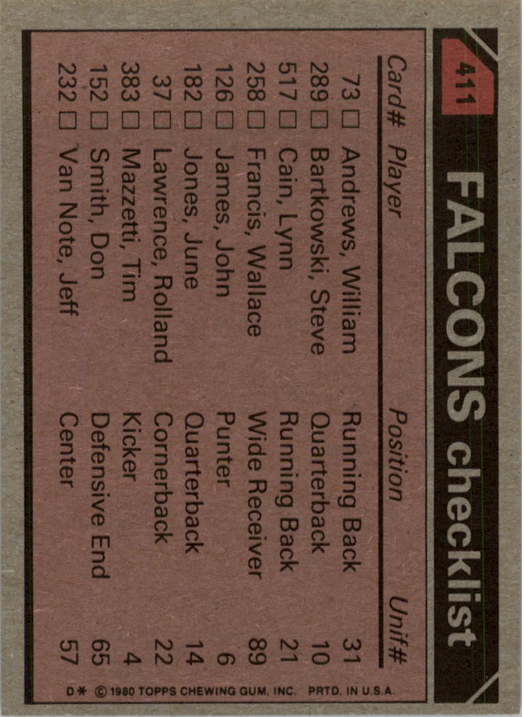 1980 Topps #411 Atlanta Falcons TL/William Andrews/Wallace Francis ...