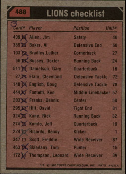 1980 Topps #488 Detroit Lions TL/Dexter Bussey/Freddie Scott/Jim Allen ...