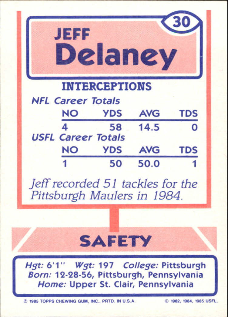 1985 Topps USFL #30 Jeff Delaney - NM-MT