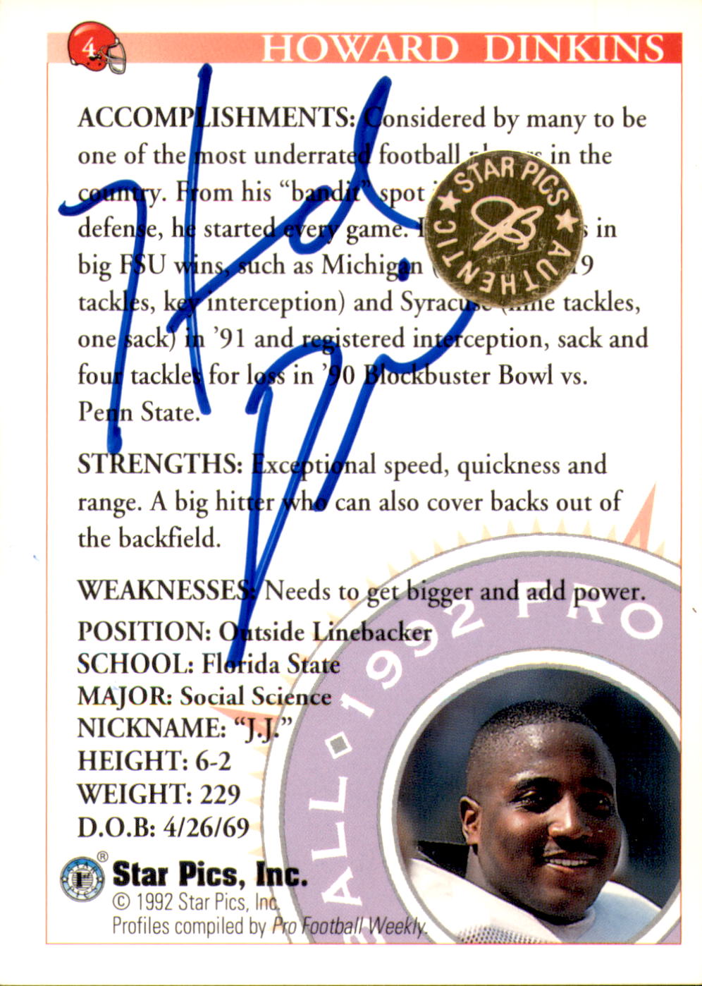 1992 Star Pics Autographs #4 Howard Dinkins - NM-MT+