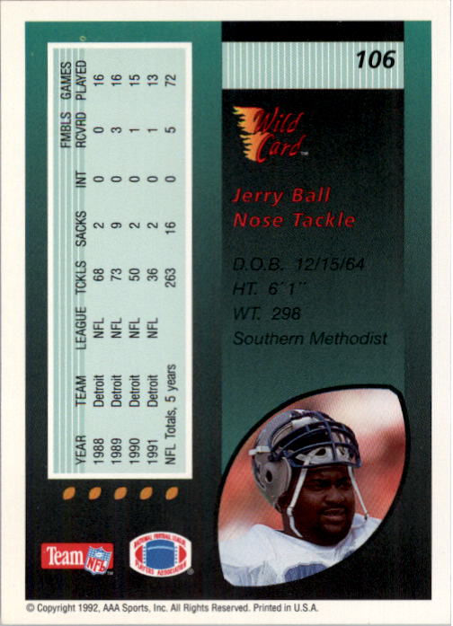 1992 Wild Card 5 Stripe #106 Jerry Ball - NM-MT - Burbank Sportscards ...