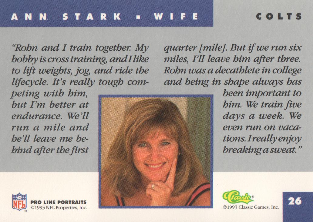1993 Pro Line Portraits Wives #SC26 Ann Stark - NO 'SC#' ON CARD - NM-MT