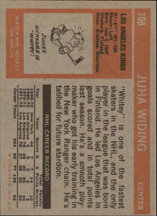 1972-73 Topps #108 Juha Widing KINGS EX G33205 - EX - Burbank ...