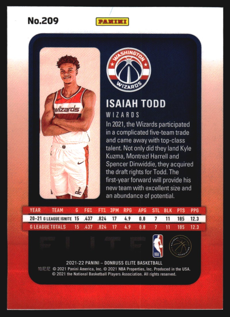 2021-22 Elite Blue #209 Isaiah Todd - NM-MT