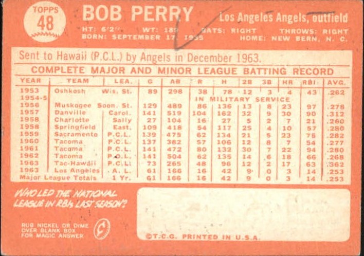 1964 Topps #48 Bob Perry Angels GOOD G38617 - GOOD