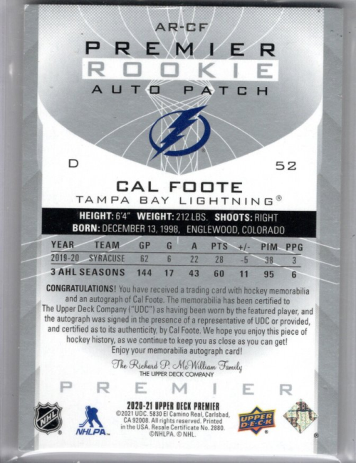 2020-21 Upper Deck Premier Acetate Rookie Patch Autographs #ARCF Cal ...