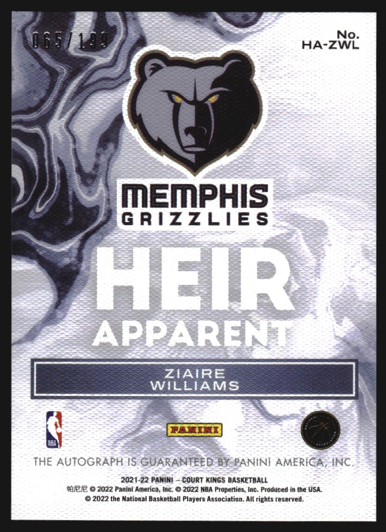2021-22 Court Kings Heir Apparent Autographs #45 Ziaire Williams/199 ...