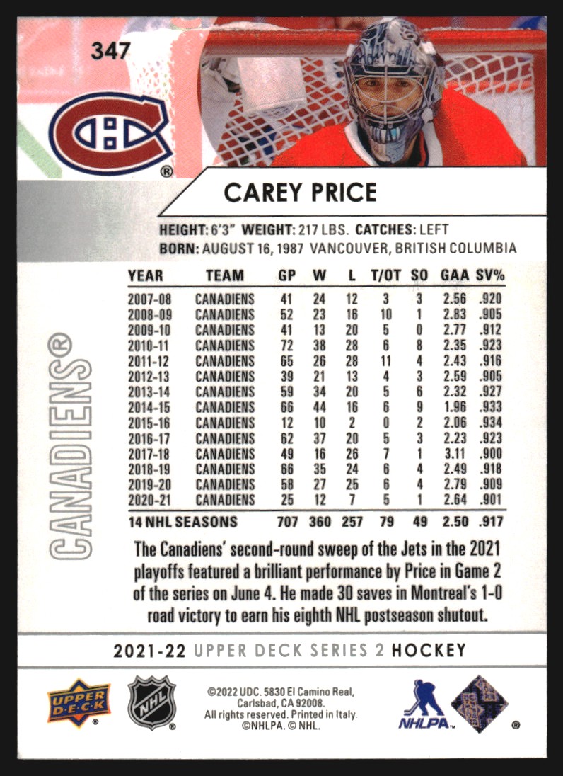 2021-22 Upper Deck #347 Carey Price - NM-MT - Burbank Sportscards ...