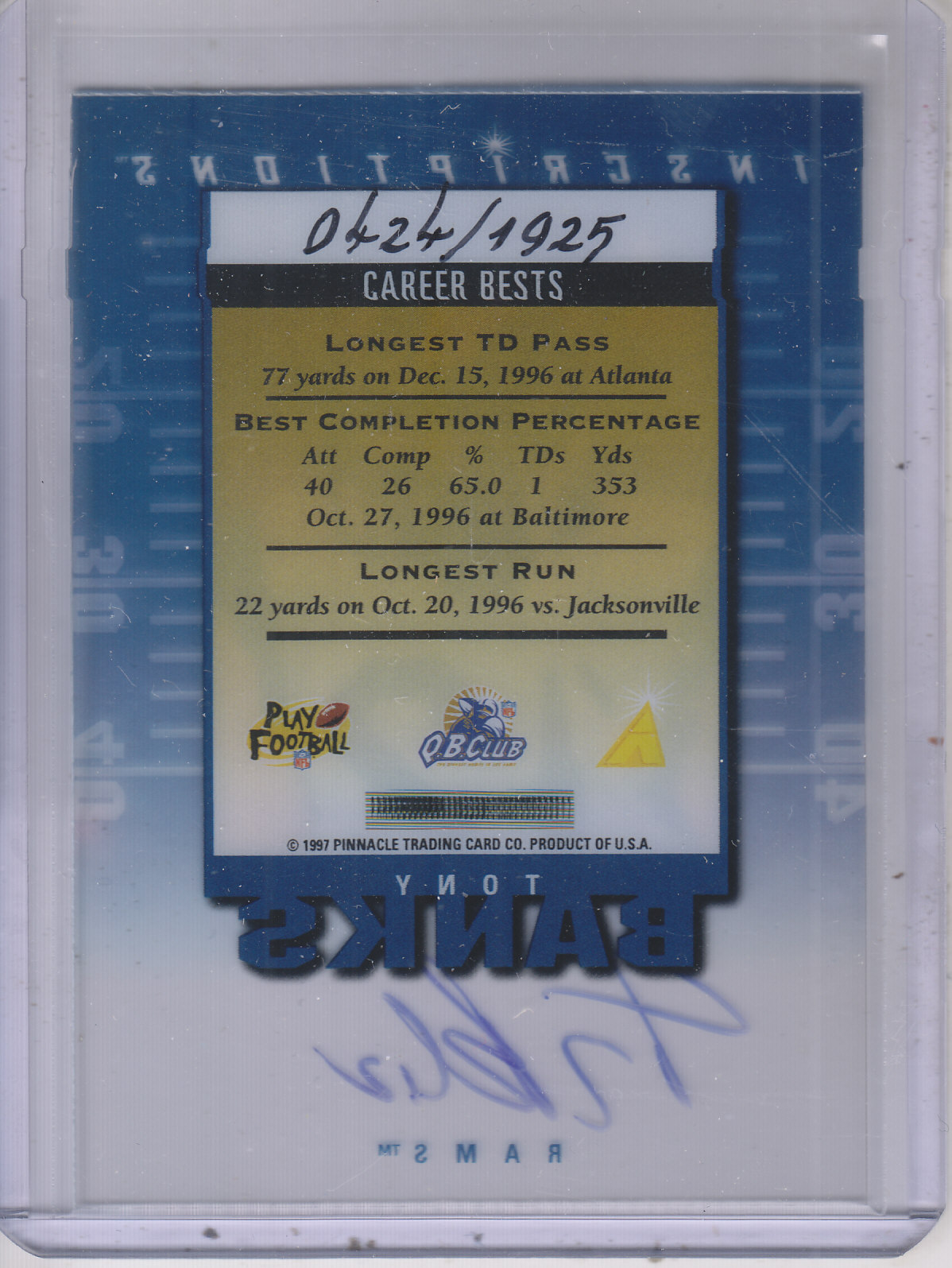 1997 Pinnacle Inscriptions Autographs #1 Tony Banks/1925 - NM-MT ...