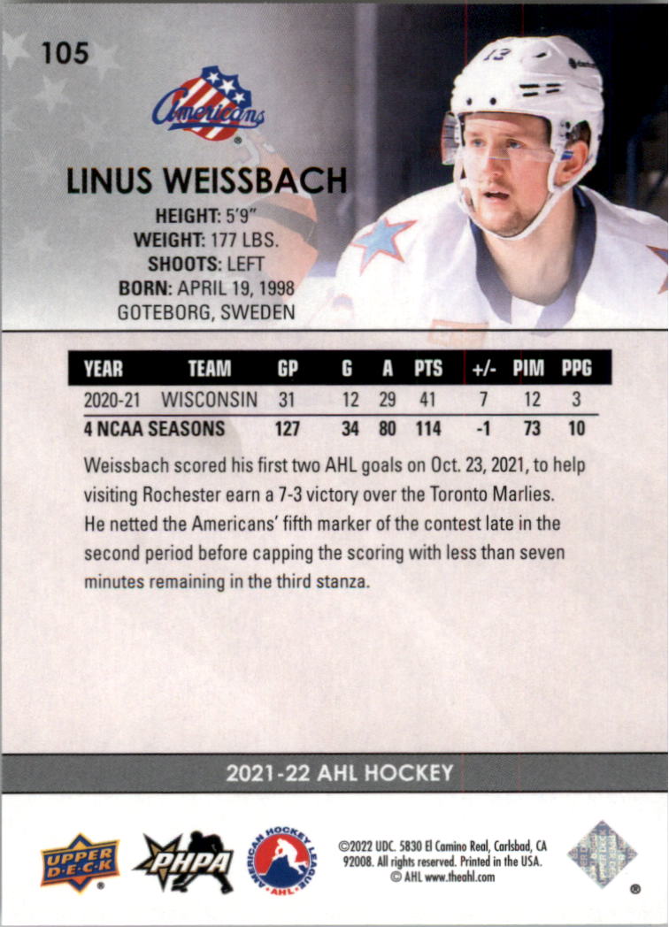 2021-22 Upper Deck AHL #105 Linus Weissbach - NM-MT - Triple Play ...