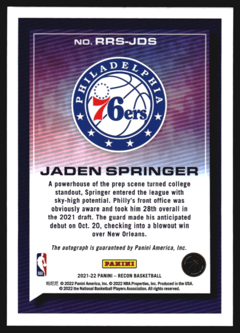 2021-22 Panini Recon Rookie Recon Signatures #31 Jaden Springer - NM-MT ...