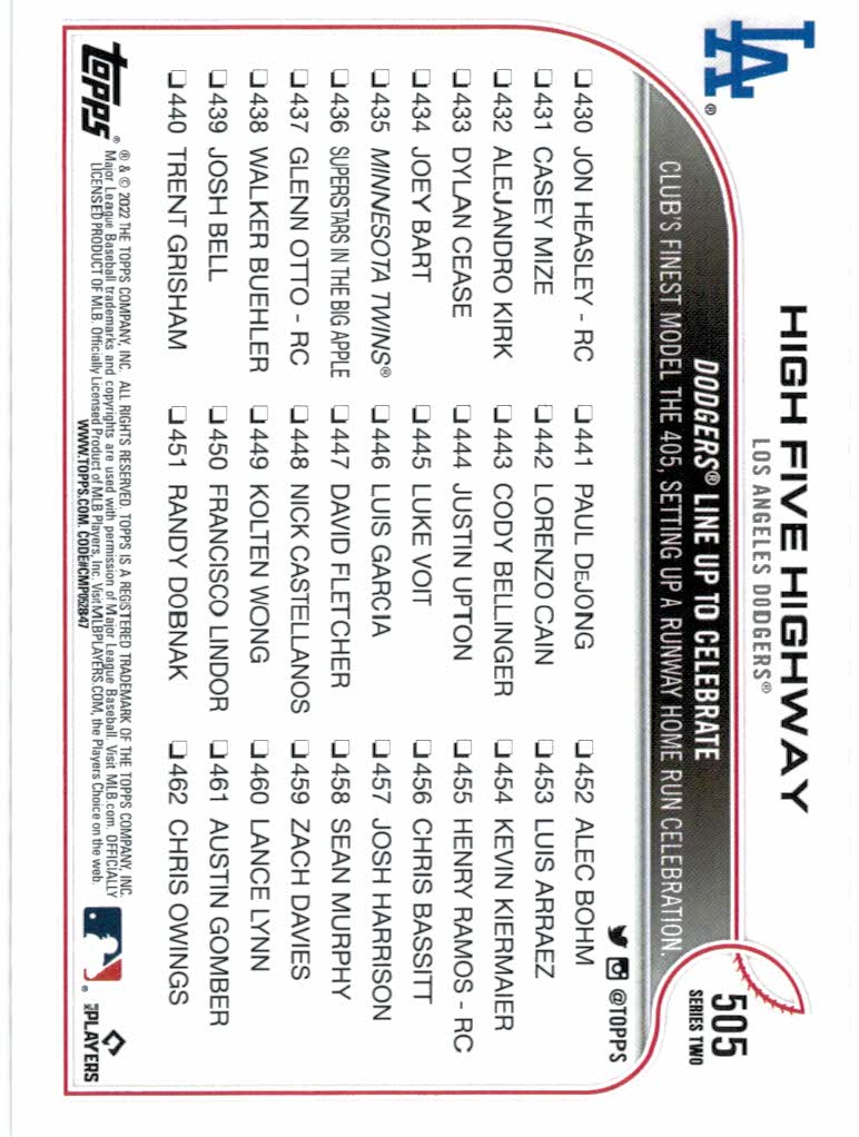 2022 Topps Factory Set Gold Stars #505 High Five Highway/Gavin Lux ...