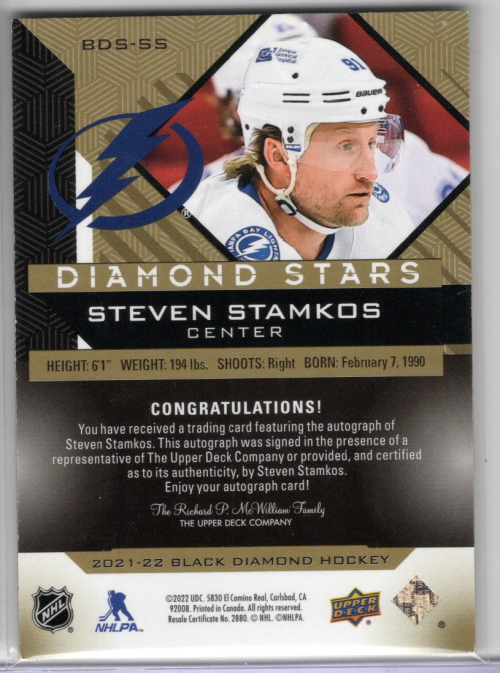 2021-22 Black Diamond Diamond Stars Autographs #BDSSS Steven Stamkos/5 ...